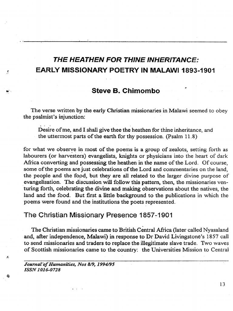 Chimombo_1994_the Heathen for Thine Inheritance | PDF