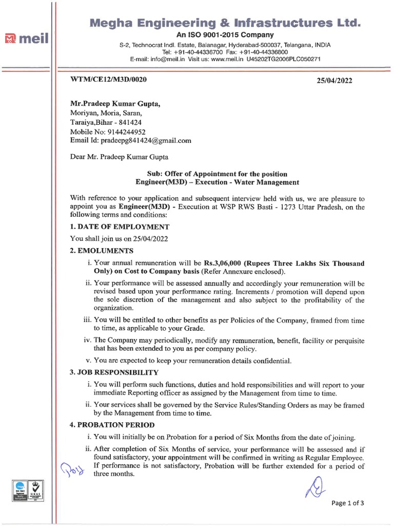 Offer Letter Meil | PDF