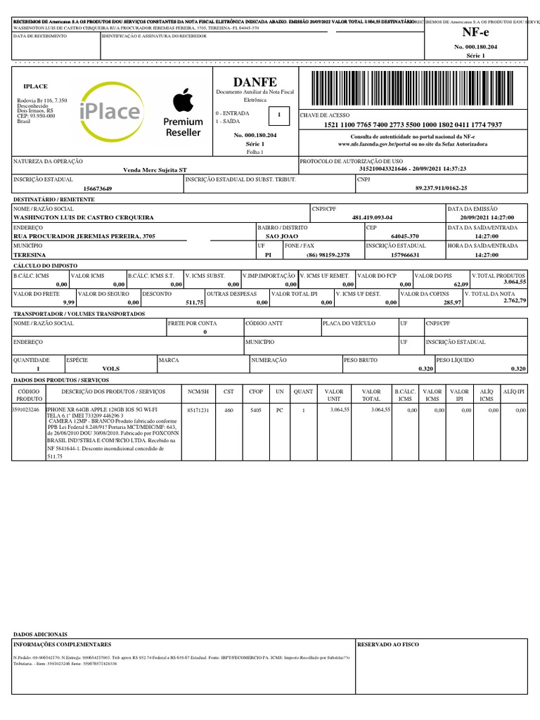 Nota Fiscal Eletrônica de Venda ST | PDF