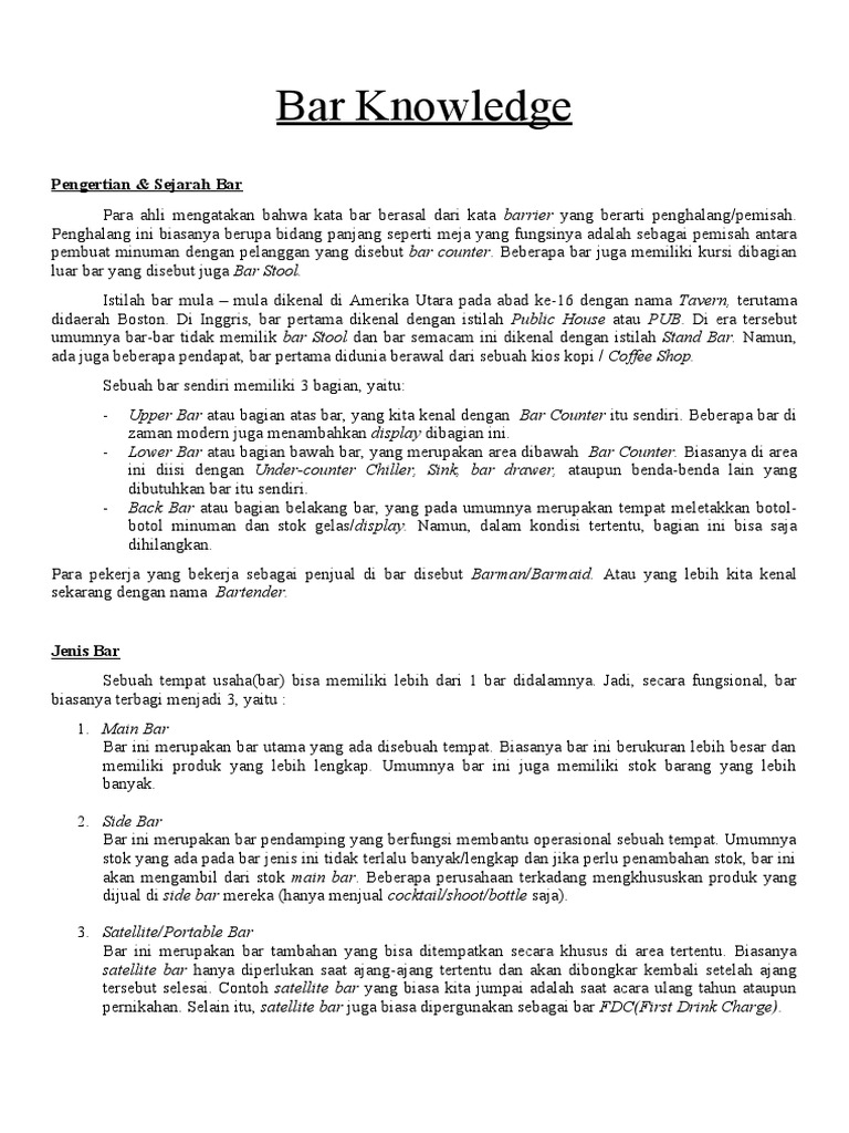 Bar Knowledge | PDF | Memasak, Makanan, & Anggur