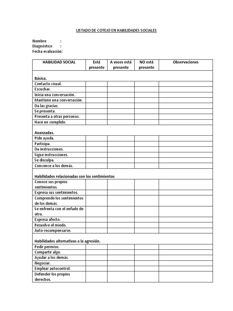 Listado de Cotejo en Habilidades Sociales | PDF