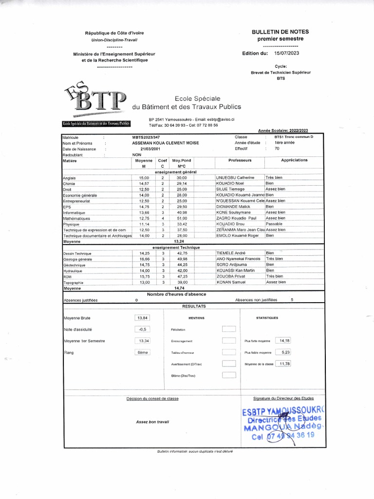 BULLETIN DE NOTE 1er SEMESTRE CYCLE BTS (GENI CIVIL OPTION BATIMENT) | PDF