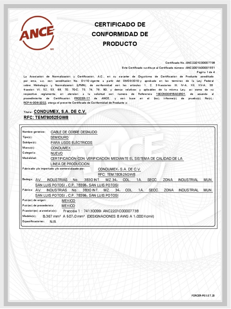 Certificado Ance para Los Cables Cu Desnudos Condumex (1068) | PDF