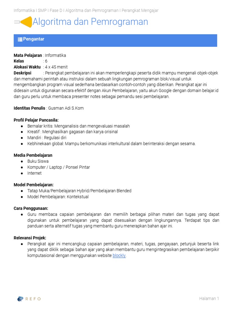 Algoritma Dan Pemrograman Kelas 8 | PDF