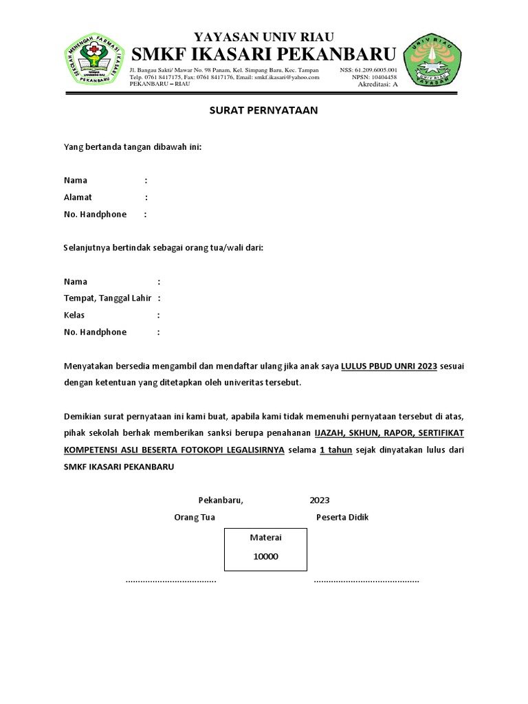 Surat Pernyataan Pbud Unri 2023 | PDF
