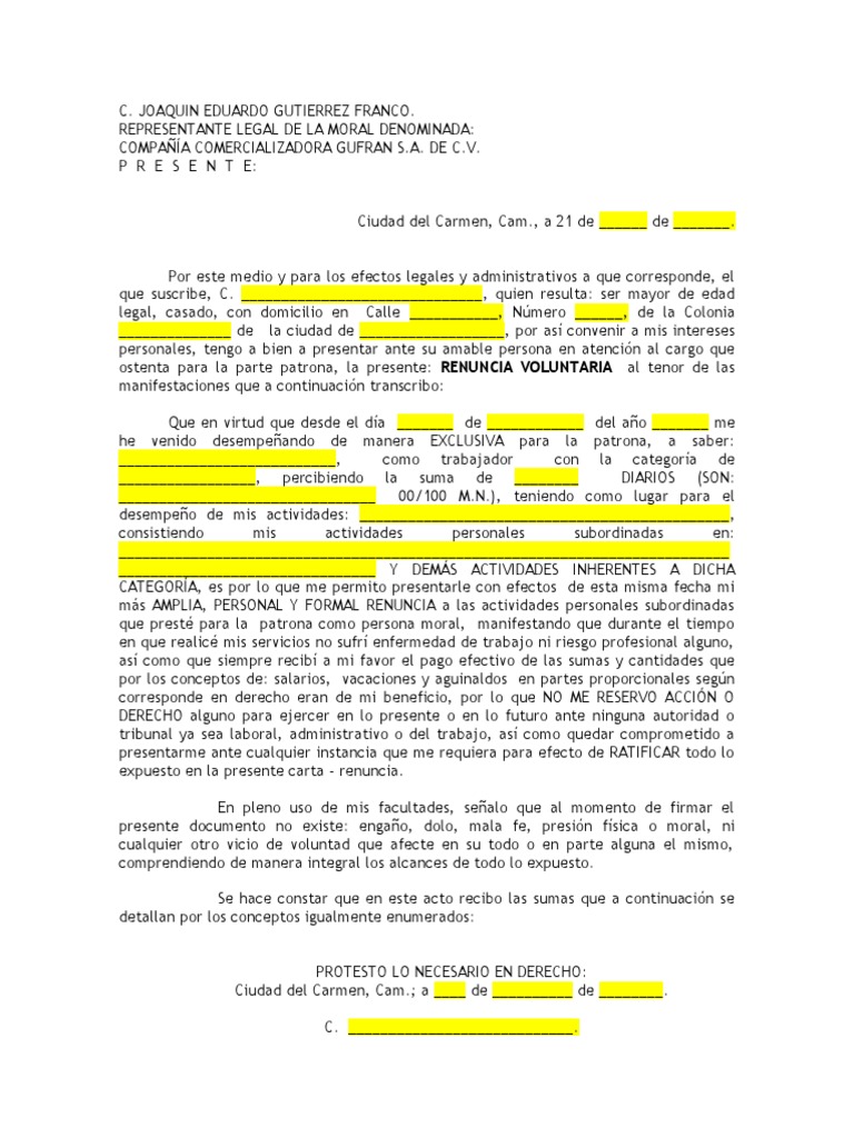 Formato Genérico de Renuncia Swiber. | PDF | Derecho