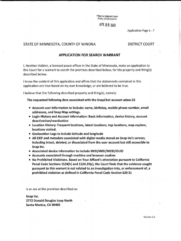 Minnesota Search Warrant for Snapchat Data | PDF | Social Science | Law
