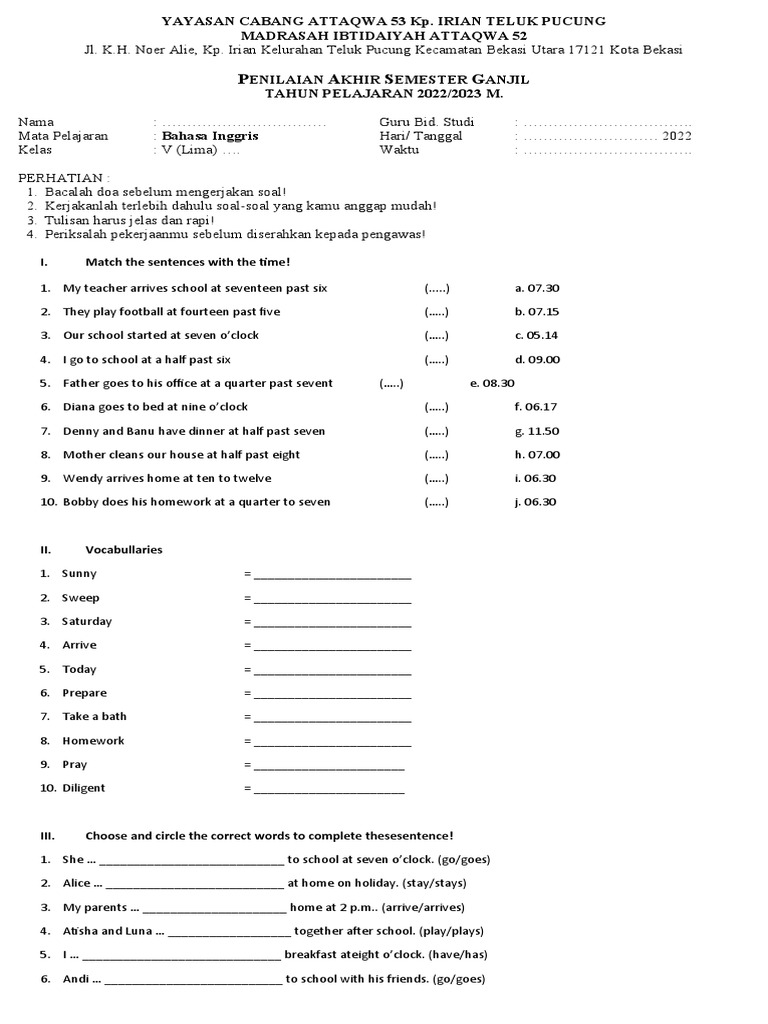 Soal PTS Bahasa Inggris Kelas 5 | PDF