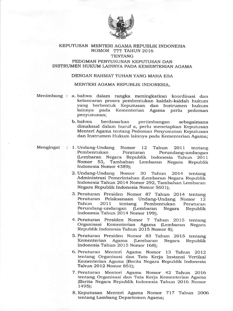 KMA NOMOR 777 TAHUN 2016 TTG Pedoman Penyusunan Keputusan Dan Instrumen Hukum Kemenag | PDF
