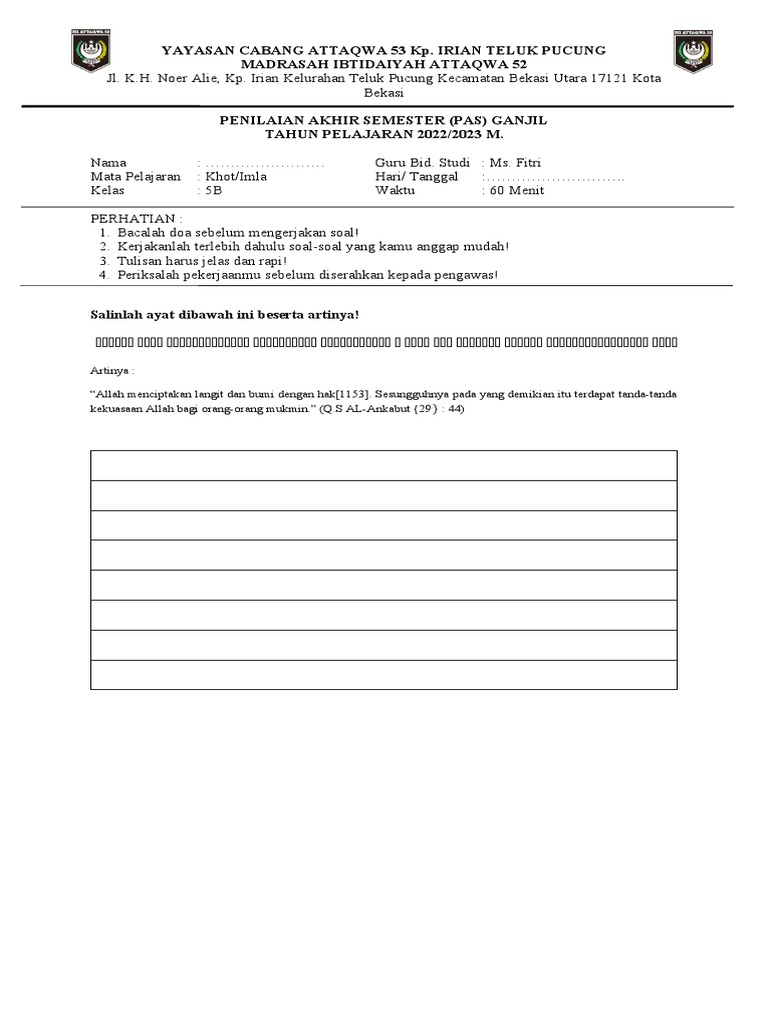 PAS Khot Imla Kelas 5B | PDF