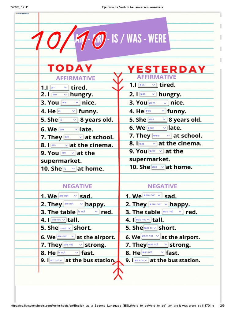 Ejercicio De Verb To Be Am Are Is Was Were Pdf