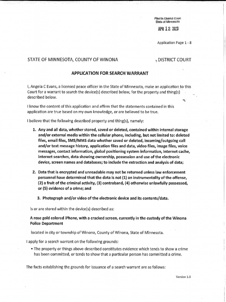 Minnesota Search Warrant Application | PDF | Search Warrant | Computer File