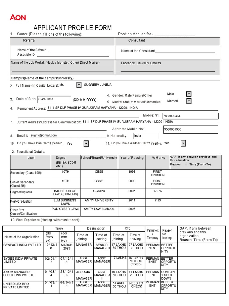 Applicant Profile Form Template | PDF