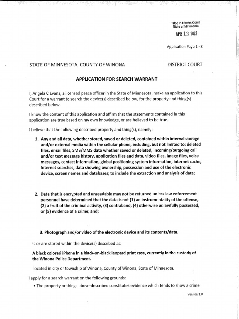 Minnesota Search Warrant Application | PDF | Search Warrant | Computer File