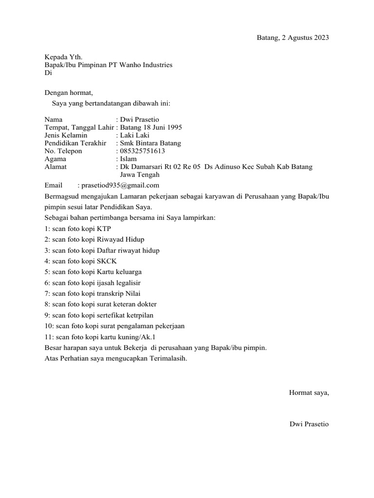 Surat Lamaran Kerja Tulis Tangan Dwi Prasetio | PDF