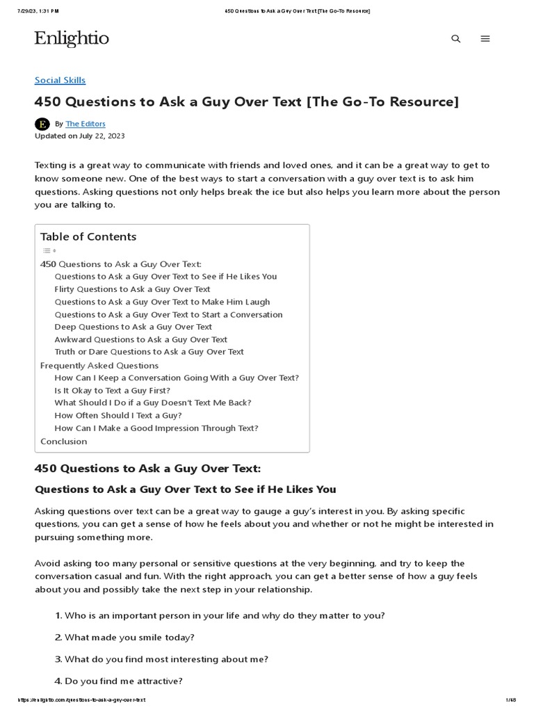 450 Questions To Ask A Guy Over Text (The Go-To Resource) | PDF