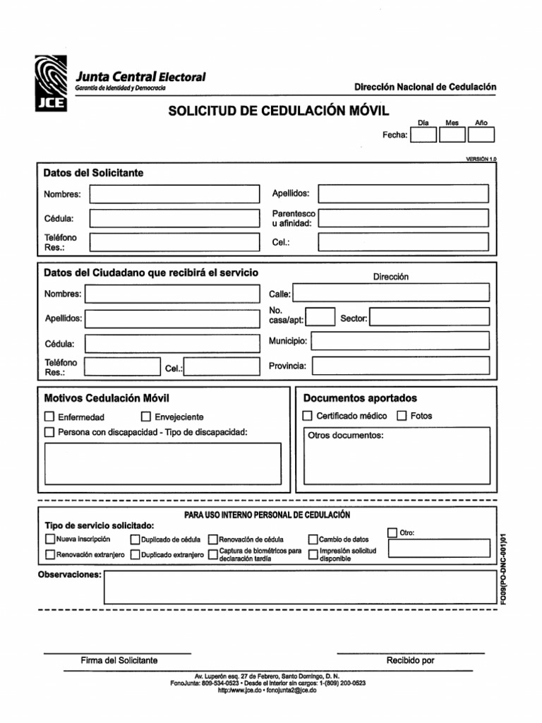 Formulario Solicitud de Cedulacion Movil (Version 1.0) | PDF