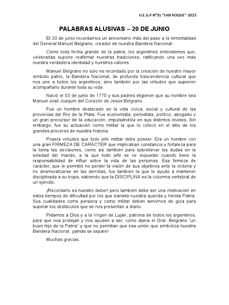 Palabras alusivas- 20 de junio | PDF