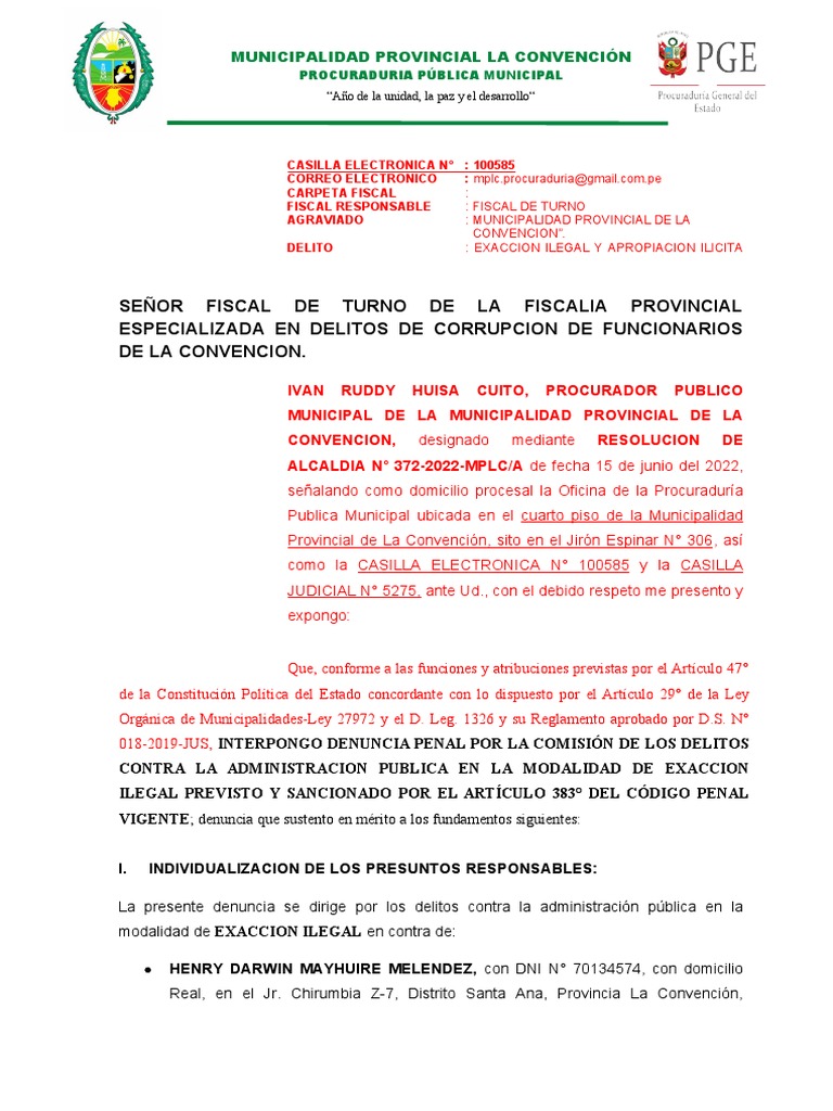 Denuncia Cobro Indebido y Apropiacion Irregular | PDF | Intención ...