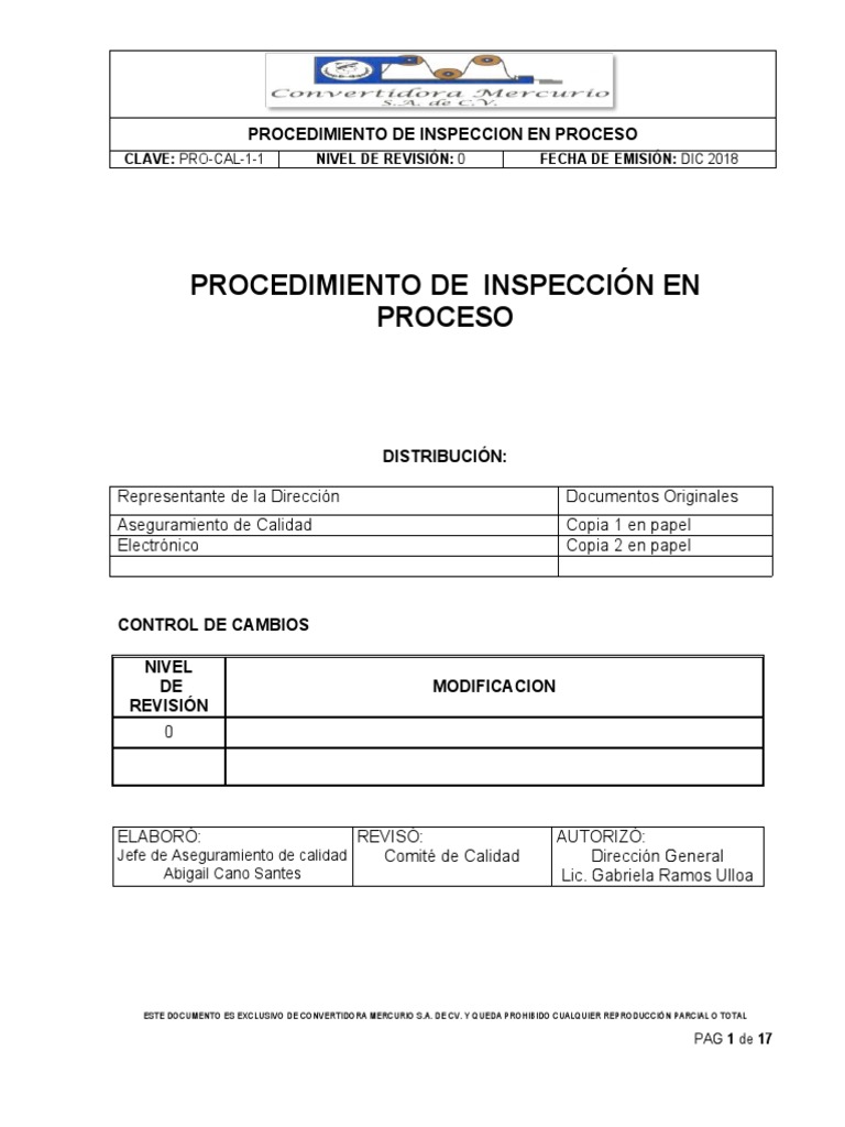 Procedimiento de Inspeccion en PROCESO 04 ENERO 19 | PDF