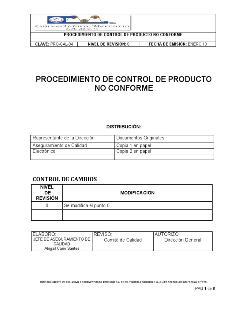 Procedimiento de Control de Producto No Conforme | PDF