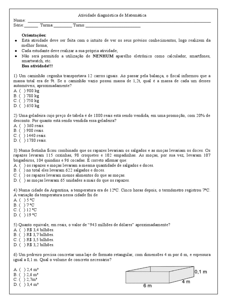 Atividade Diagnóstica de Matemática | PDF | Métodos e Materiais de Ensino