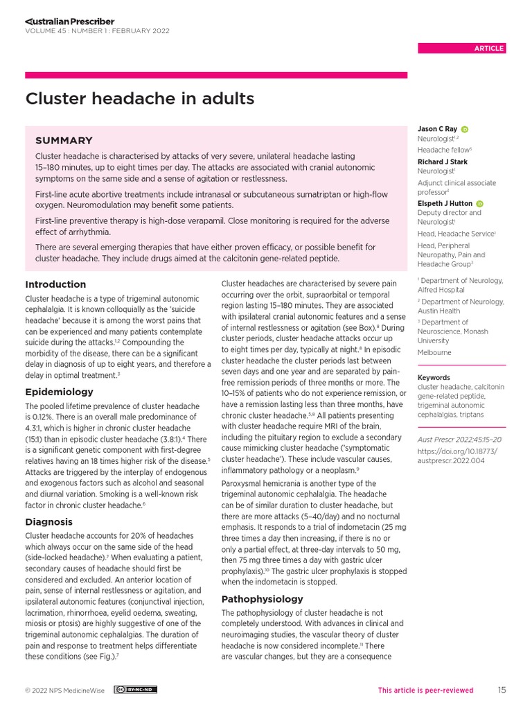 Cluster Headache in Adults | PDF