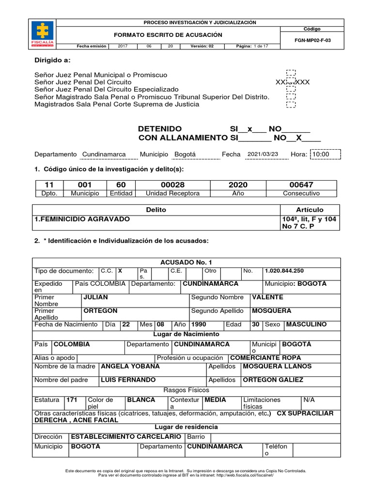 ESCRITO DE ACUSACIÓN PAUL NARANJO Y JULIAN ORTEGON FISCALIA 313 Secc | PDF | Bogotá | Justicia