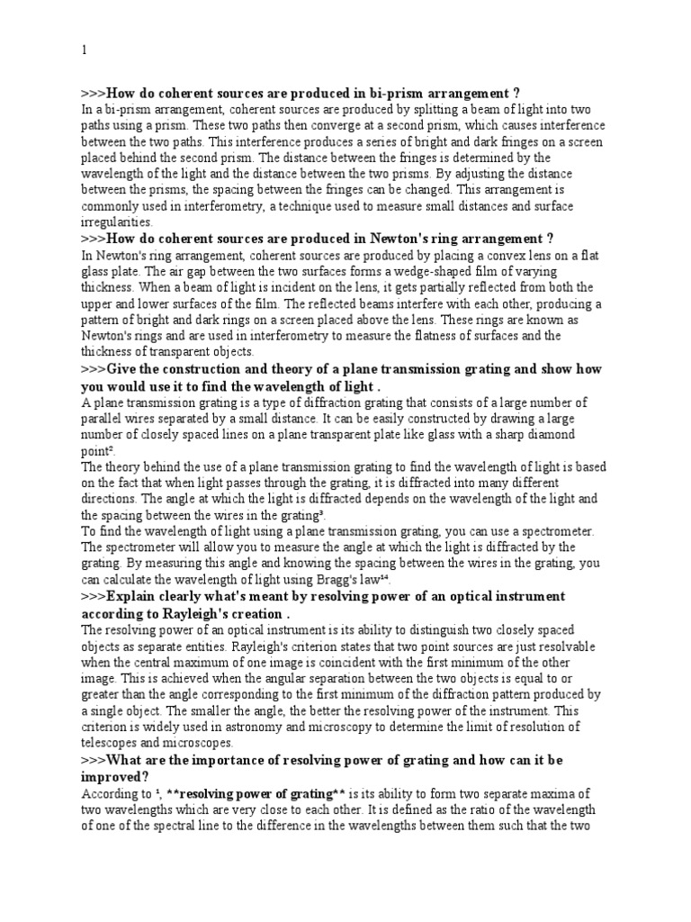 Important Questions And Answers On Diffraction And Interference Part 1 Pdf Angular