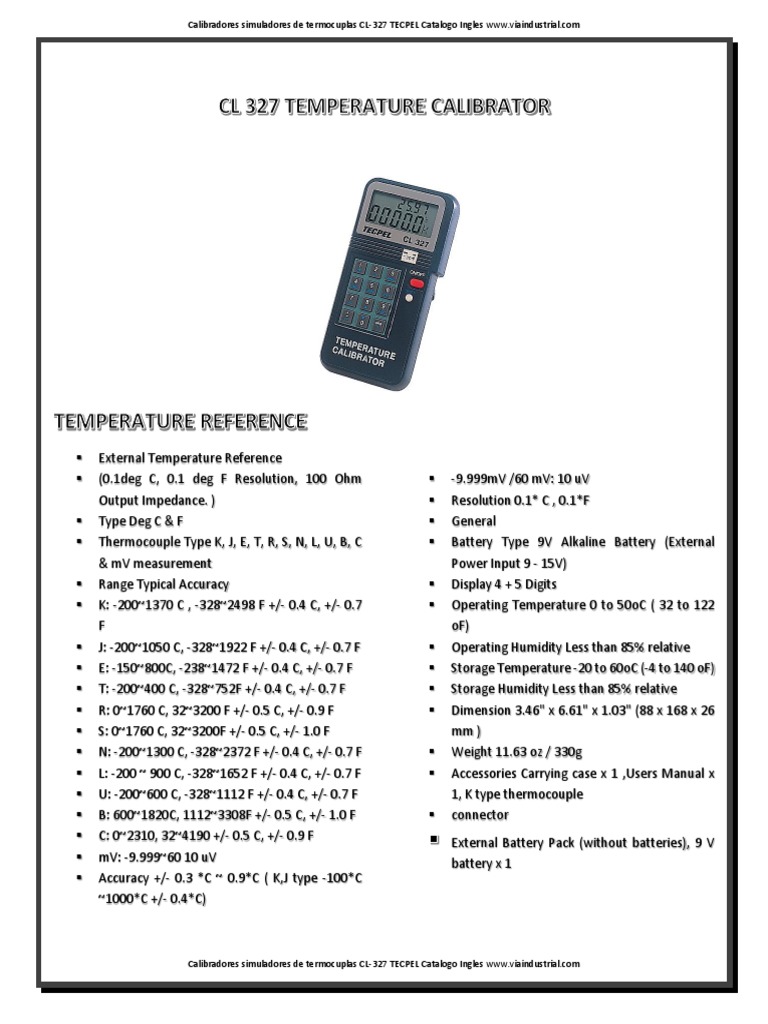Calibradores Simuladores de Termocuplas CL 327 Tecpel Catalogo Ingles | PDF
