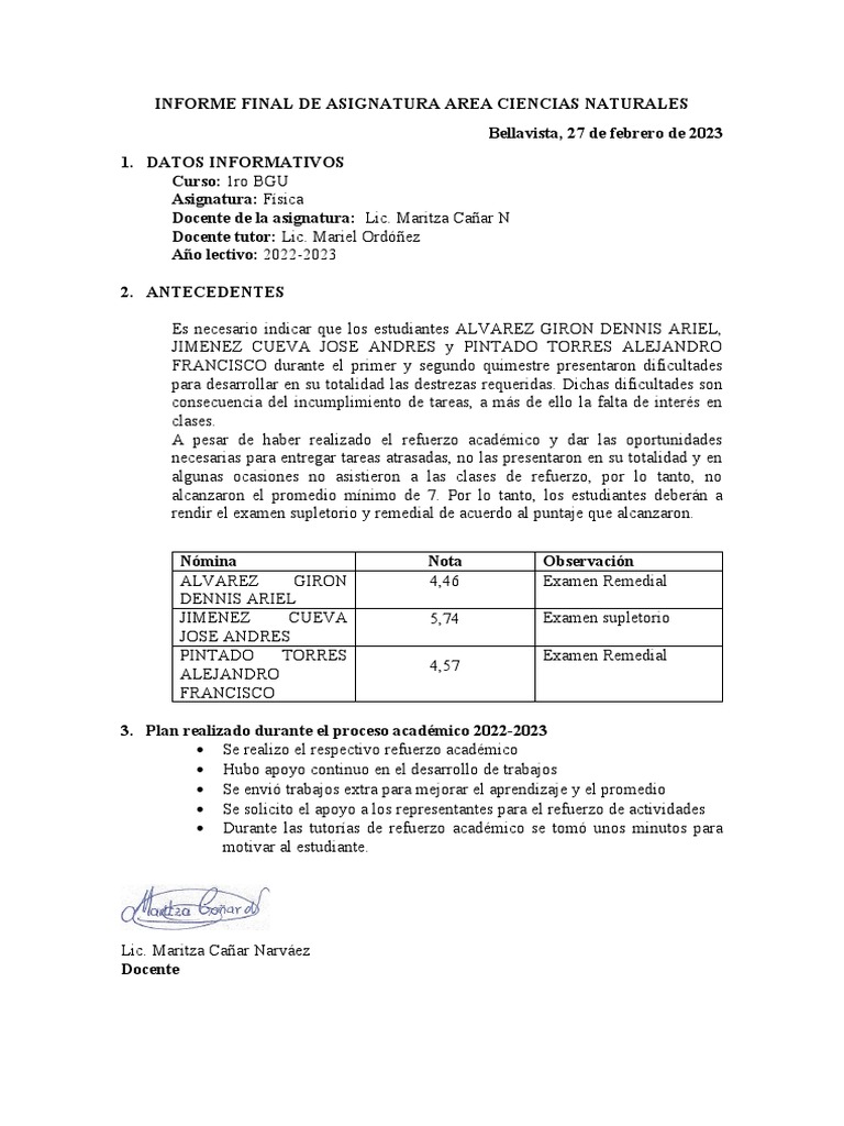INFORME FINAL DE ESTUDIANES A SUPLETORIOS y REMEDIAL 2023 | PDF | Aprendizaje | Modificación de ...