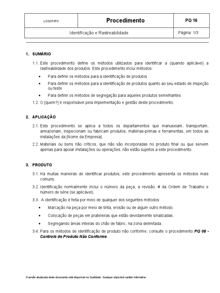PQ 16 - Identificação e Rastreabilidade | PDF