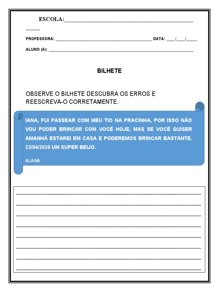 Leitura e Escrita de Bilhete | PDF