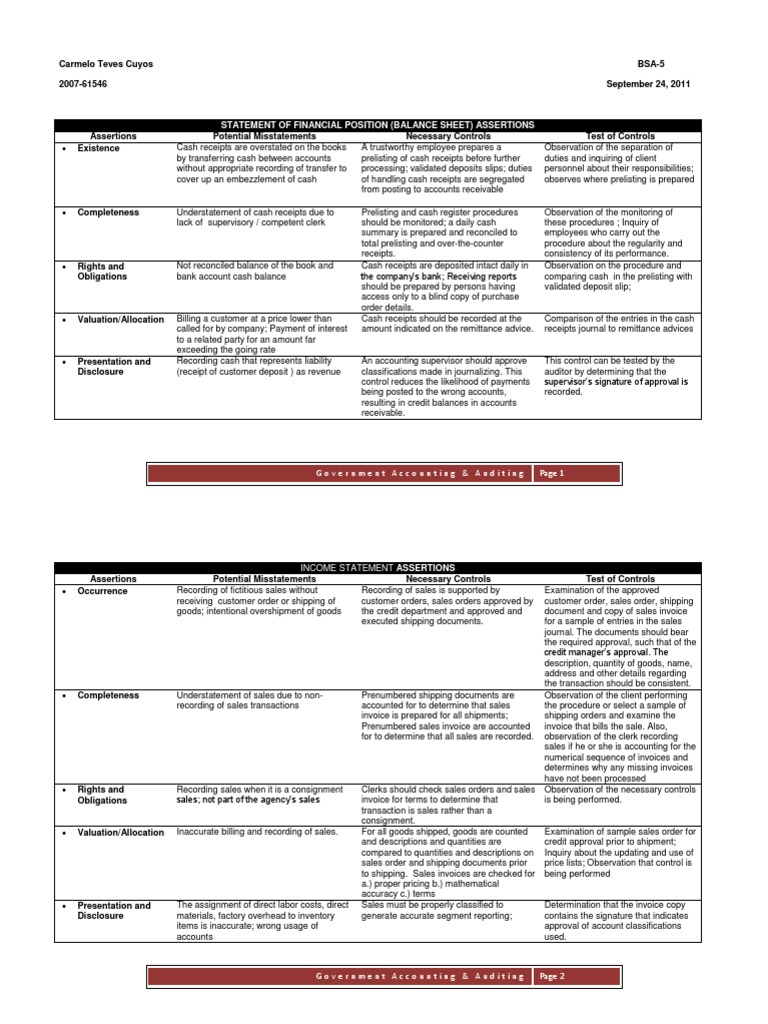 Statement of Financial Position (Balance Sheet) Assertions: Government ...