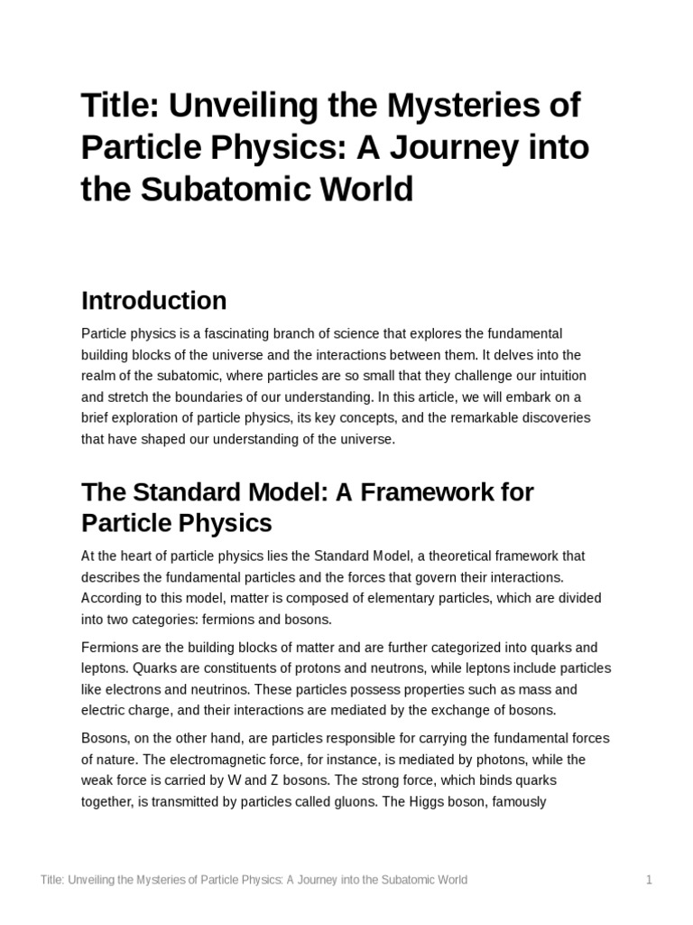 Unveiling The Mysteries of Particle Physics - A Journey Into The Subatomic World | PDF ...