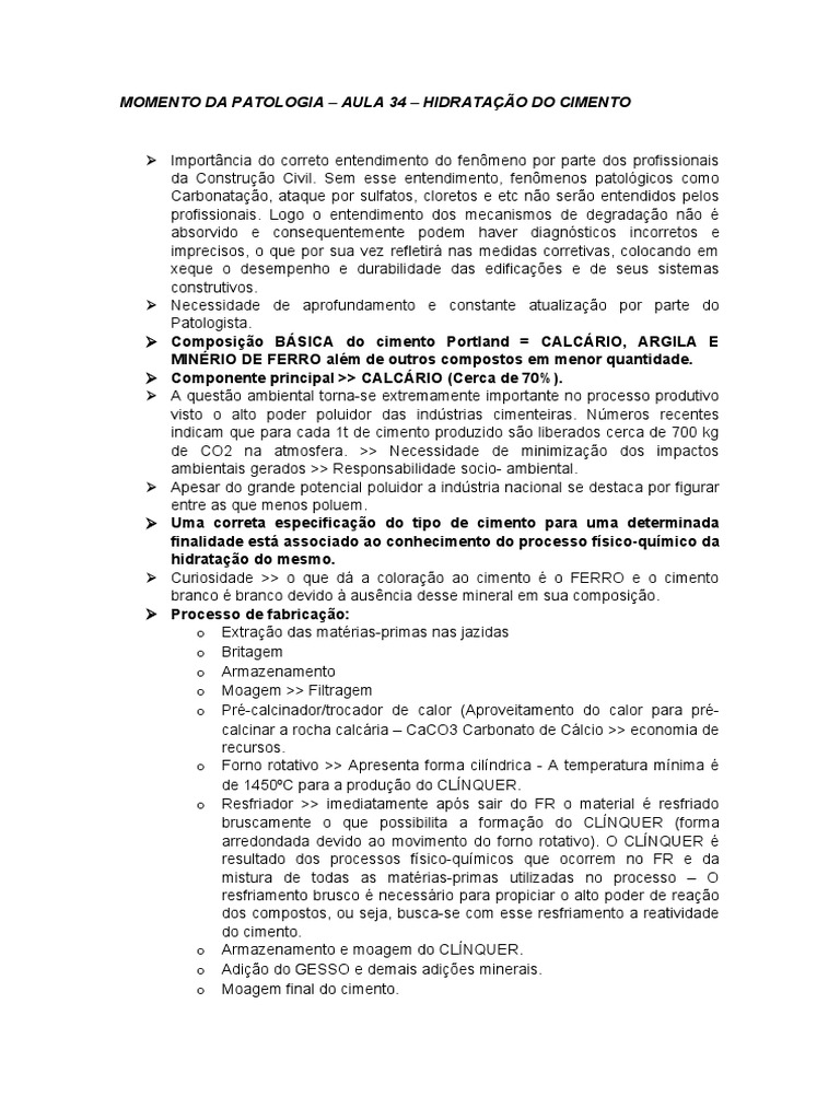 Aula 34 Notas De Aula Hidratação Do Cimento Pdf Cimento Natureza