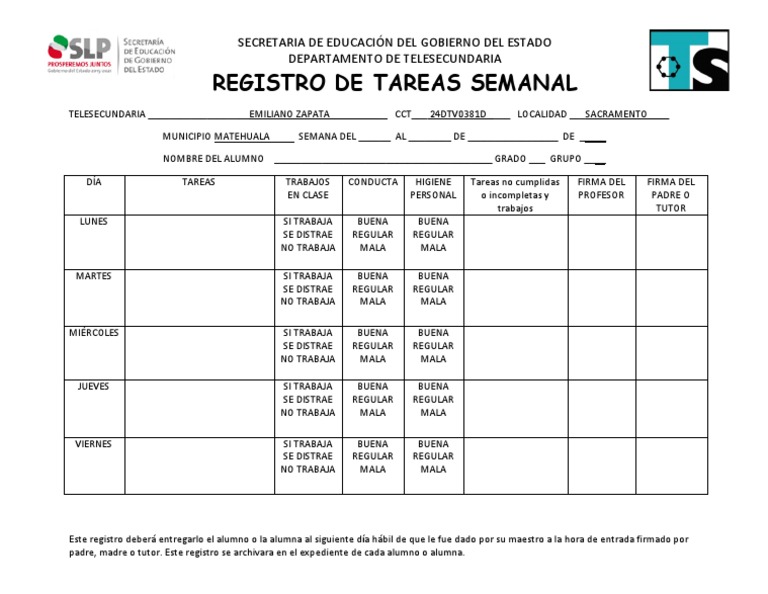 Registro Semanal de Tareas y Conducta | PDF