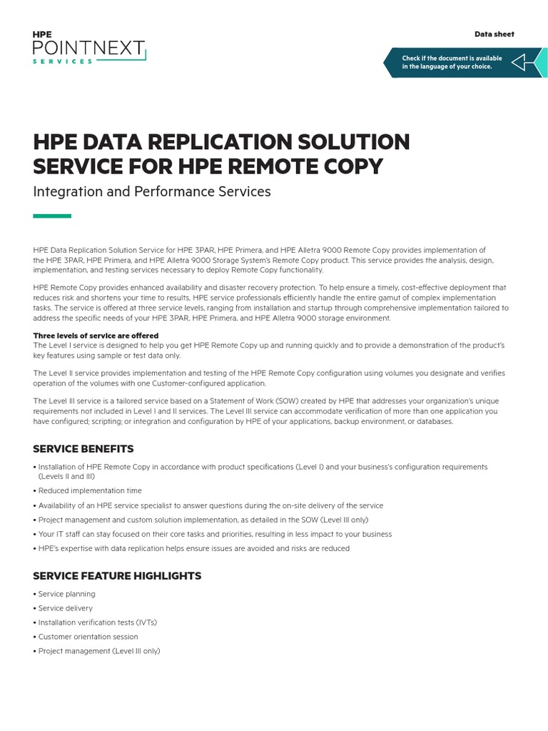 Hpe Data Replication Solution Service For Hpe Remote Copy 4aa3 8627enw
