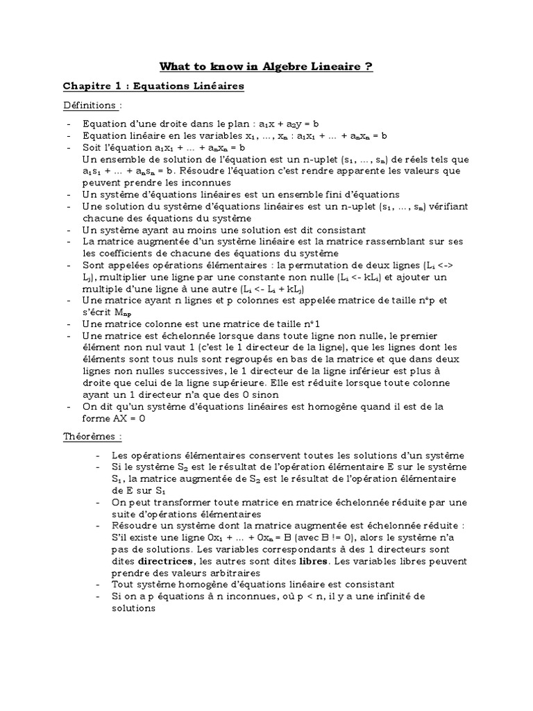 20XX-XX Cours Definitions-Et-Theoremes AL | PDF | Équations | Matrice ...