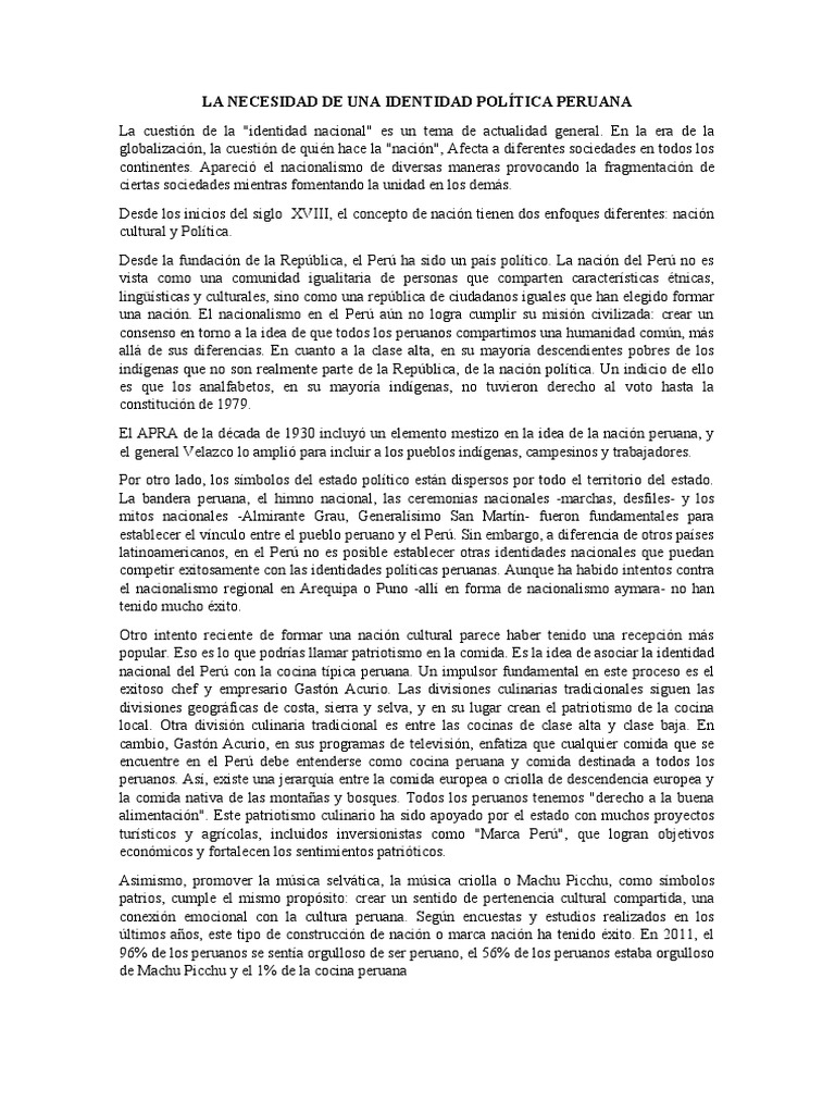 Identidad Política y Nacionalismo en Perú | PDF | Perú | Estado (política)