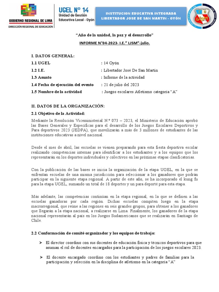 Informe de Juegos Escolares 2023 - Gurgura | PDF