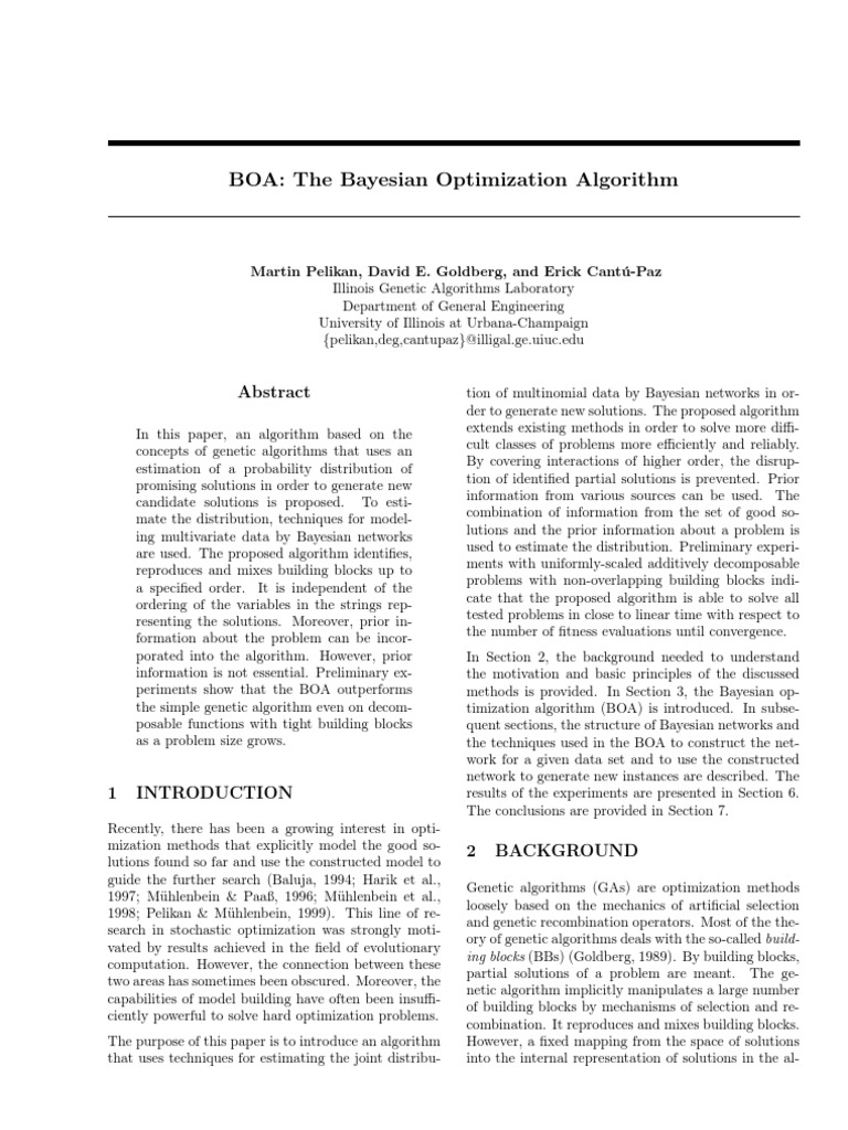 Boa The Bayesian Optimization Algorithm Pdf Bayesian Network Genetic Algorithm