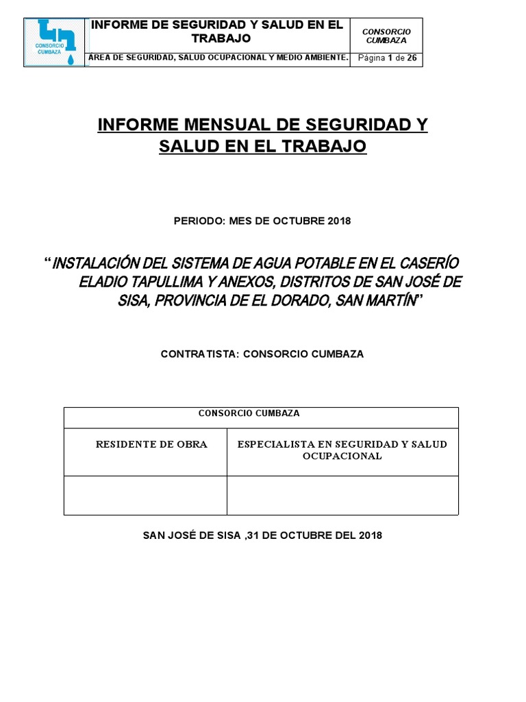 Informe Mensual de Seguridad y Salud en El Trabajo Octubre - Mejorado | PDF