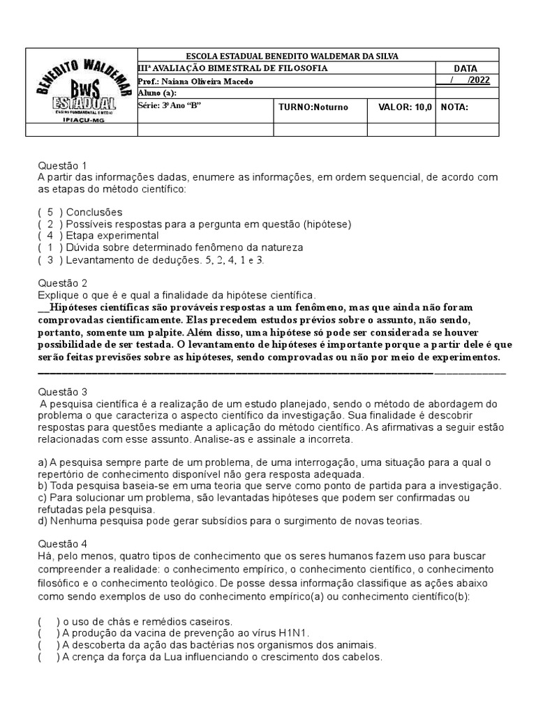 Prova de Filosofia 3º Ano B | PDF | Science | Conhecimento