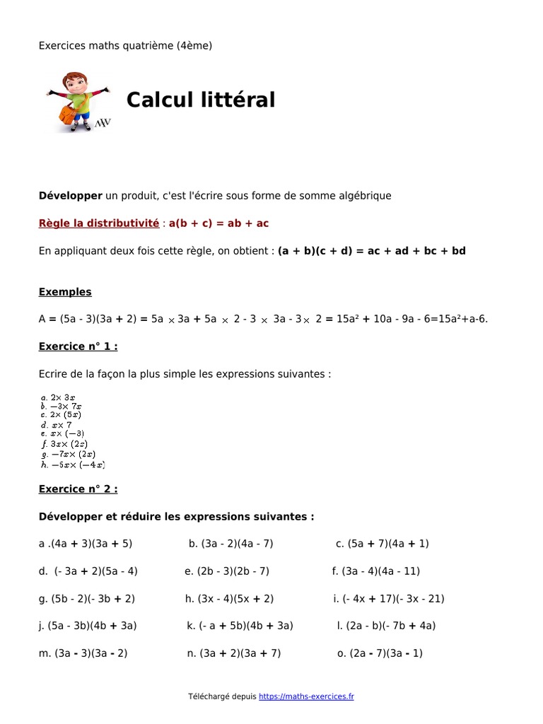 calcul-litteral-exercices-de-maths-en-quatrieme-4eme- | PDF