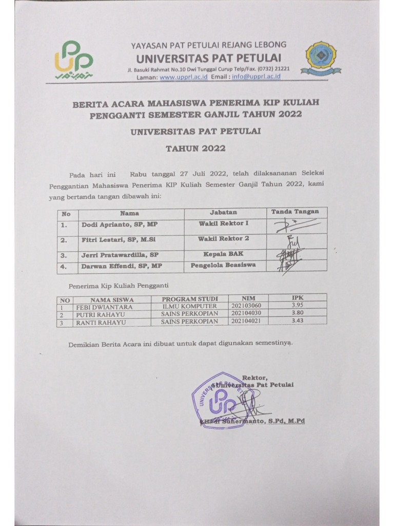 Berita Acara Mahasiswa Penerima KIP Kuliah Penganti | PDF