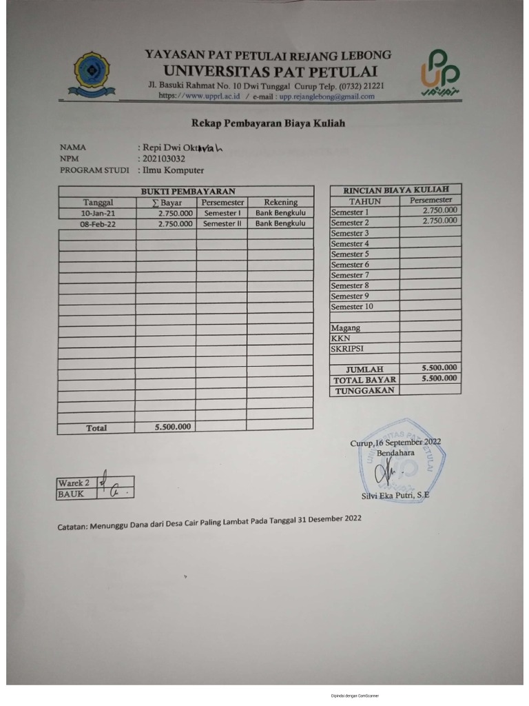 Rekap Pembayaran Biaya Kuliah - Repi Dwi Oktivah | PDF