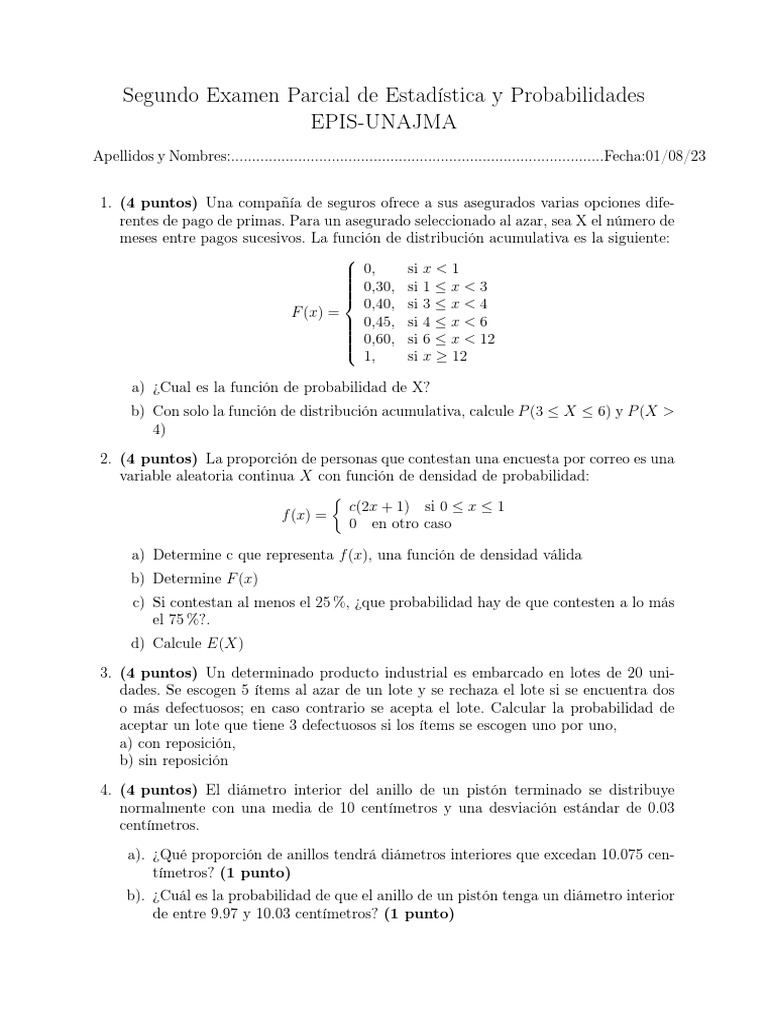 Segundo Examen Parcial de Estadística y Probabilidades Epis 23 I | PDF