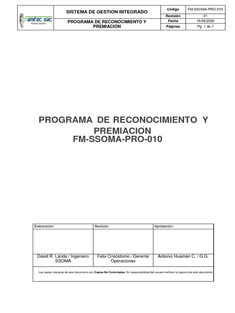 FM-SSOMA-PRO-010 Programa de Reconocimiento y Premiación | PDF | Valores | Business