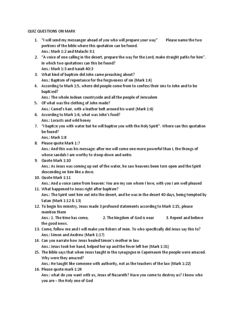 Quiz - Questions On Mark | PDF | John The Baptist | Jesus